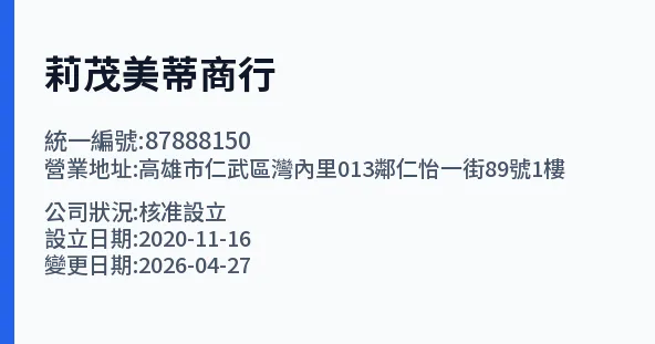 莉茂美蒂商行的照片-統編 87888150(高雄市) 公司登記資料與營業項目詳細圖表