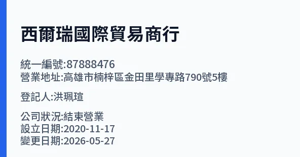 西爾瑞國際貿易商行的照片-統編 87888476(高雄市) 公司登記資料與營業項目詳細圖表
