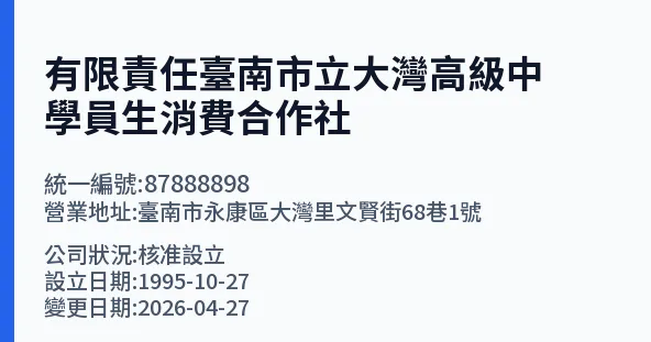 有限責任臺南市立大灣高級中學員生消費合作社的照片-統編 87888898(臺南市) 公司登記資料與營業項目詳細圖表