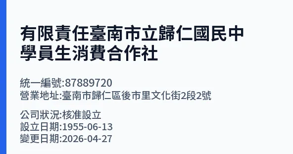 有限責任臺南市立歸仁國民中學員生消費合作社的照片-統編 87889720(臺南市) 公司登記資料與營業項目詳細圖表