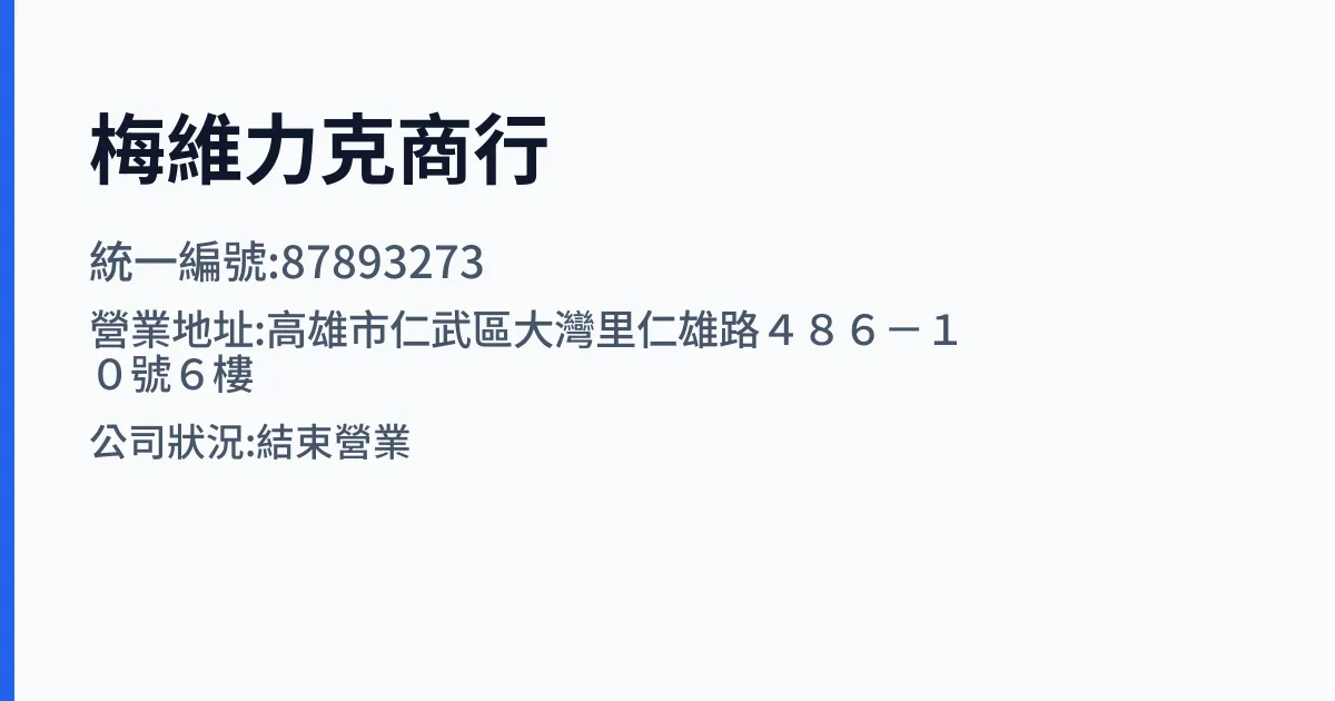 梅維力克商行 - 統編 87893273(高雄市) 公司登記資料與營業項目詳細圖表