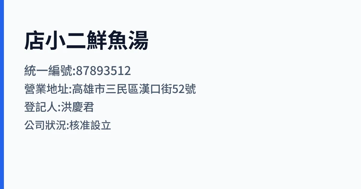 店小二鮮魚湯 - 統編 87893512(高雄市) 公司登記資料與營業項目詳細圖表