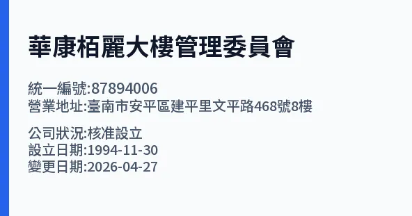 華康栢麗大樓管理委員會的照片-統編 87894006(臺南市) 公司登記資料與營業項目詳細圖表