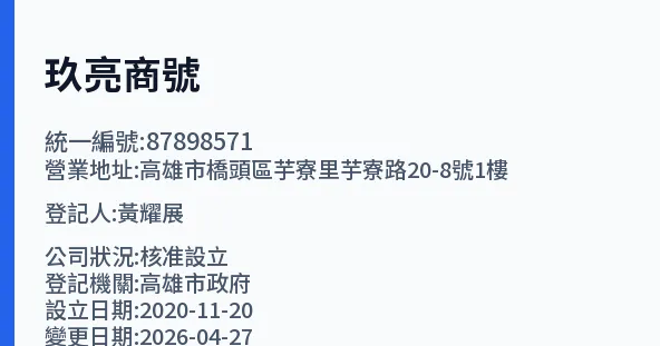 玖亮商號的照片-統編 87898571(高雄市) 公司登記資料與營業項目詳細圖表
