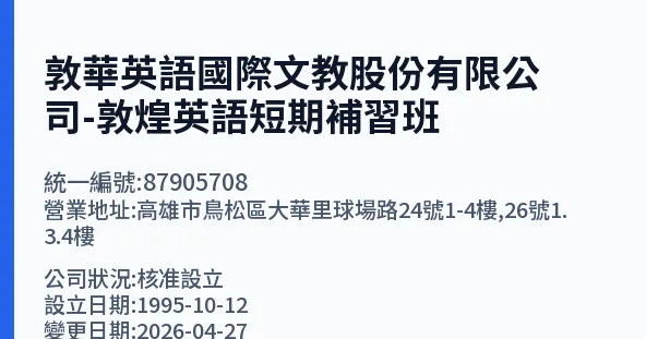 敦華英語國際文教股份有限公司-敦煌英語短期補習班的照片-統編 87905708(高雄市) 公司登記資料與營業項目詳細圖表