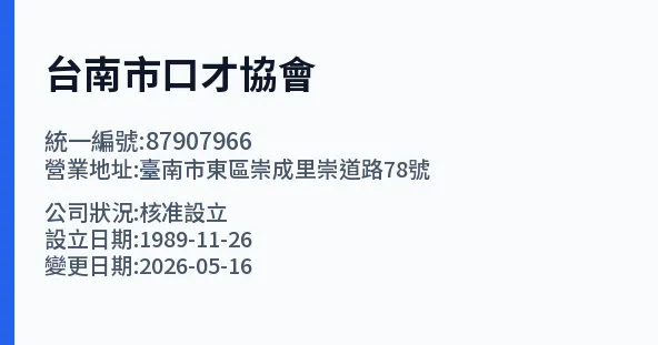 台南市口才協會的照片-統編 87907966(臺南市) 公司登記資料與營業項目詳細圖表