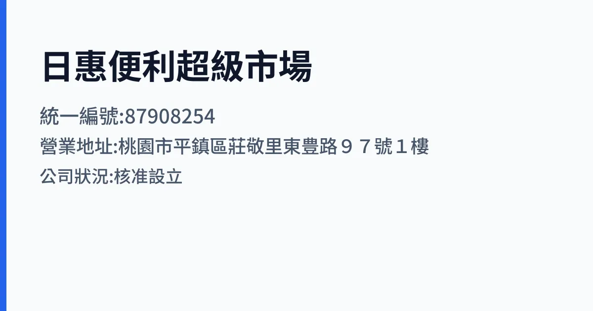 日惠便利超級市場 - 統編 87908254(桃園市) 公司登記資料與營業項目詳細圖表