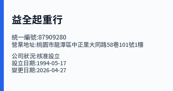 益全起重行的照片-統編 87909280(桃園市) 公司登記資料與營業項目詳細圖表