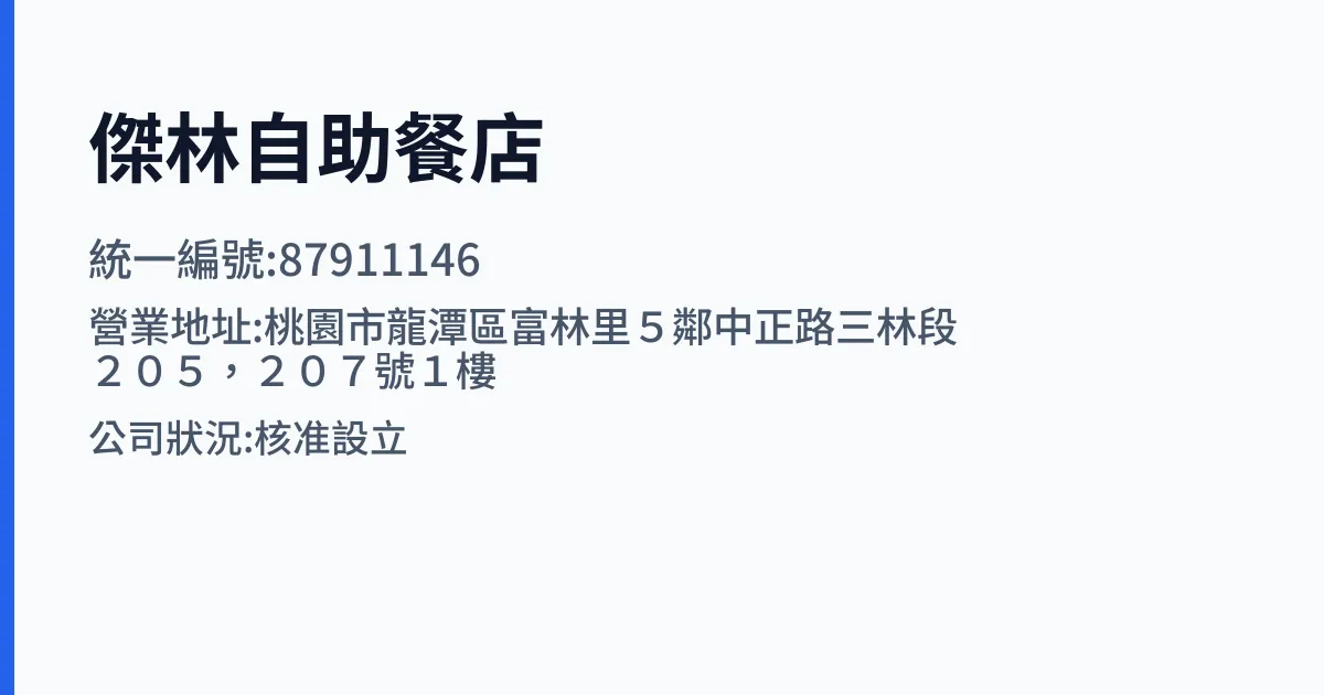 傑林自助餐店 - 統編 87911146(桃園市) 公司登記資料與營業項目詳細圖表