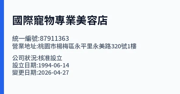 國際寵物專業美容店的照片-統編 87911363(桃園市) 公司登記資料與營業項目詳細圖表