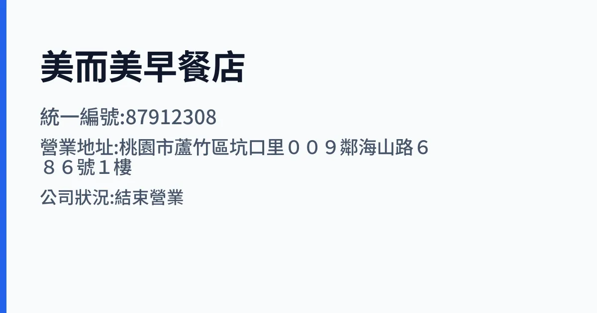 美而美早餐店 - 統編 87912308(桃園市) 公司登記資料與營業項目詳細圖表
