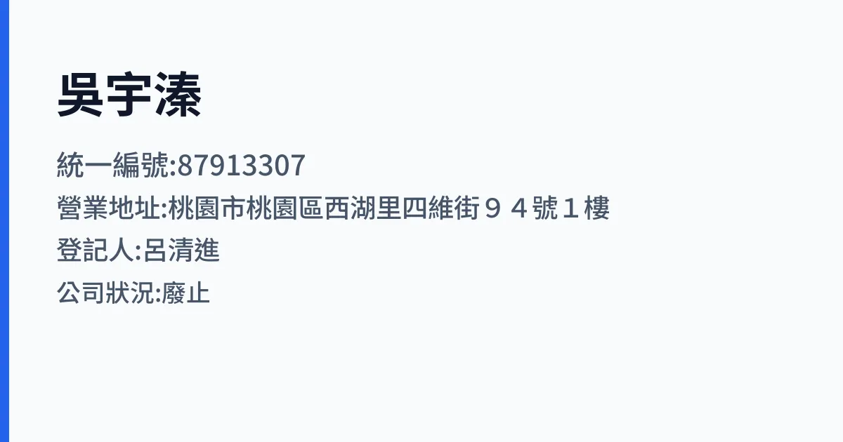 吳宇溱 - 統編 87913307(桃園市) 公司登記資料與營業項目詳細圖表
