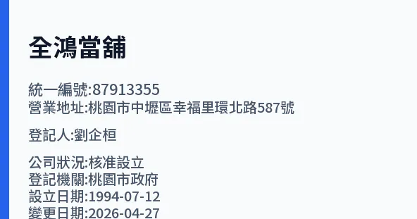 全鴻當舖的照片-統編 87913355(桃園市) 公司登記資料與營業項目詳細圖表