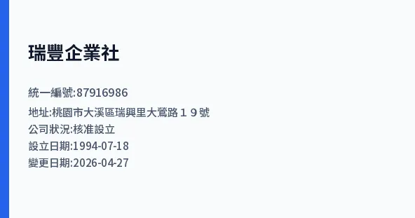 瑞豐企業社的照片-統編 87916986(桃園市) 公司登記資料與營業項目詳細圖表