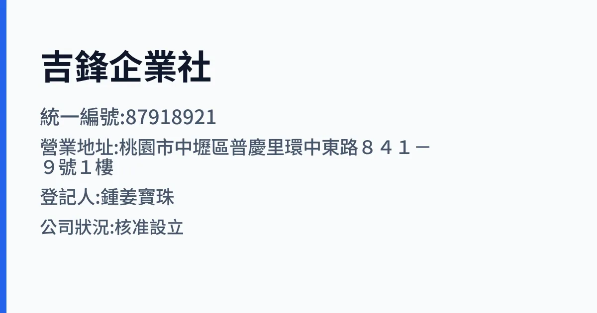 吉鋒企業社 - 統編 87918921(桃園市) 公司登記資料與營業項目詳細圖表