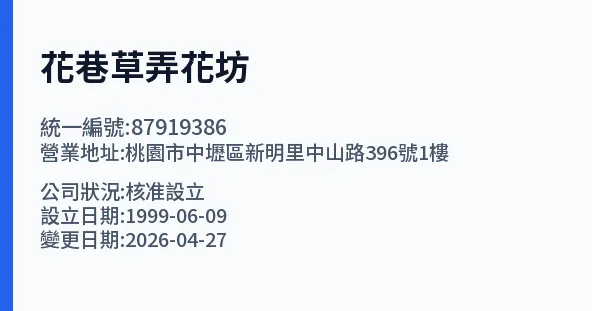 花巷草弄花坊的照片-統編 87919386(桃園市) 公司登記資料與營業項目詳細圖表