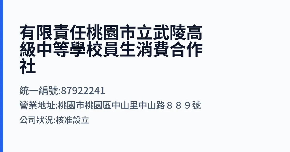 有限責任桃園市立武陵高級中等學校員生消費合作社 - 統編 87922241(桃園市) 公司登記資料與營業項目詳細圖表