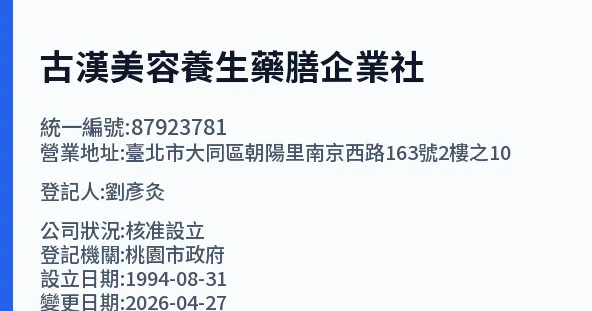 古漢美容養生藥膳企業社的照片-統編 87923781(臺北市) 公司登記資料與營業項目詳細圖表