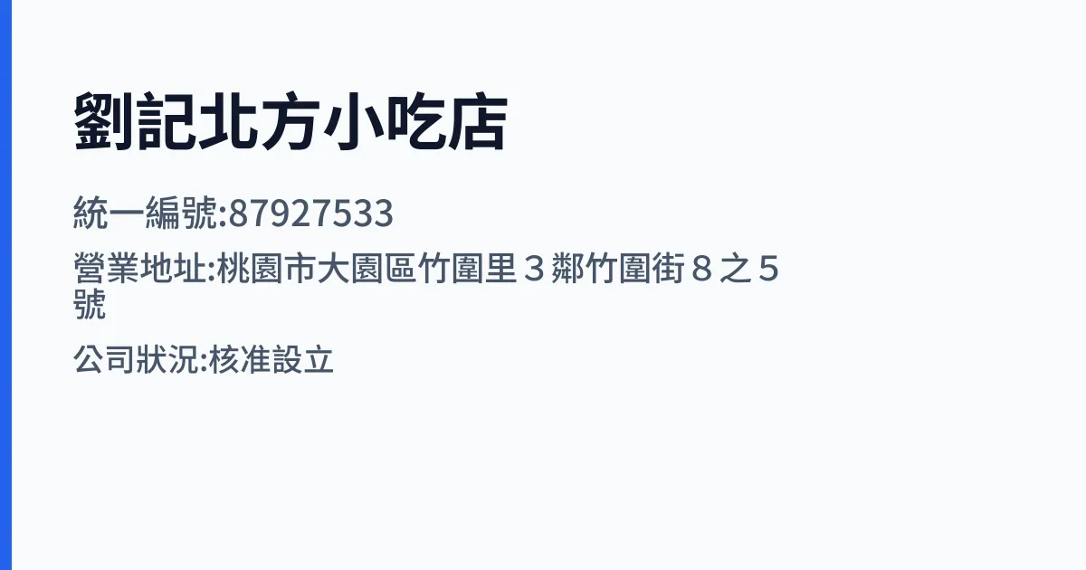 劉記北方小吃店 - 統編 87927533(桃園市) 公司登記資料與營業項目詳細圖表