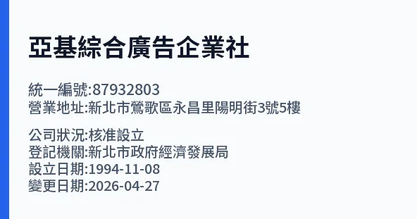亞基綜合廣告企業社的照片-統編 87932803(新北市) 公司登記資料與營業項目詳細圖表