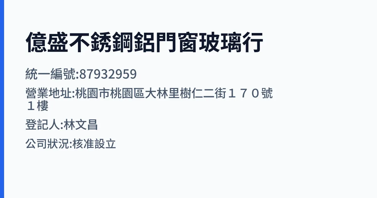 億盛不銹鋼鋁門窗玻璃行 - 統編 87932959(桃園市) 公司登記資料與營業項目詳細圖表
