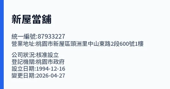 新屋當舖的照片-統編 87933227(桃園市) 公司登記資料與營業項目詳細圖表