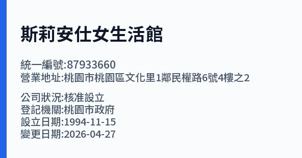 斯莉安仕女生活館的照片-統編 87933660(桃園市) 公司登記資料與營業項目詳細圖表