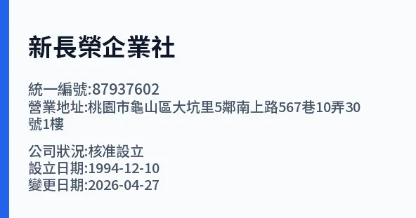 新長榮企業社的照片-統編 87937602(桃園市) 公司登記資料與營業項目詳細圖表