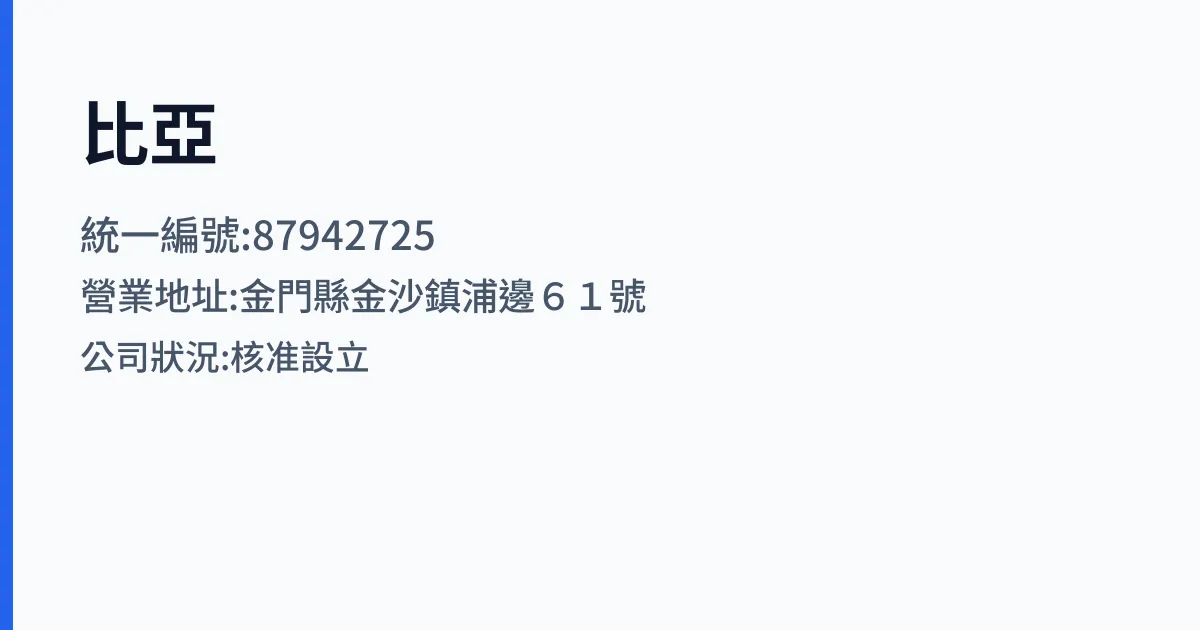 比亞 - 統編 87942725(金門縣) 公司登記資料與營業項目詳細圖表