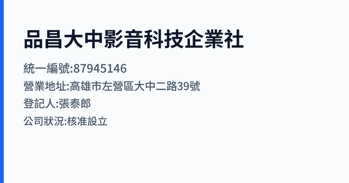 品昌大中影音科技企業社 - 統編 87945146(高雄市) 公司登記資料與營業項目詳細圖表