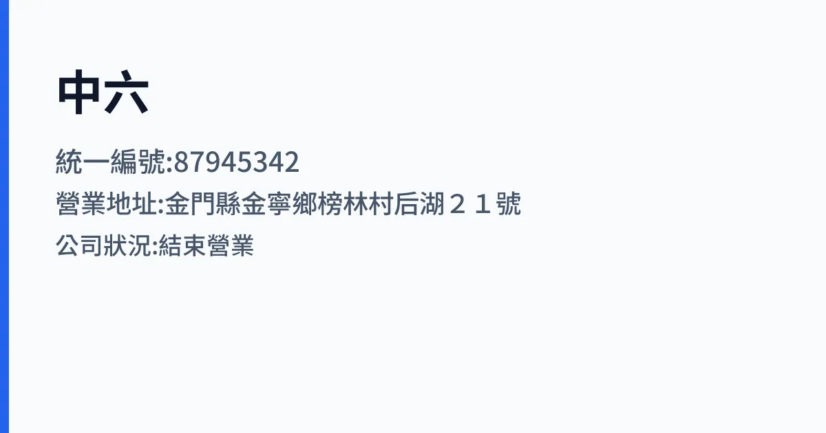 中六 - 統編 87945342(金門縣) 公司登記資料與營業項目詳細圖表