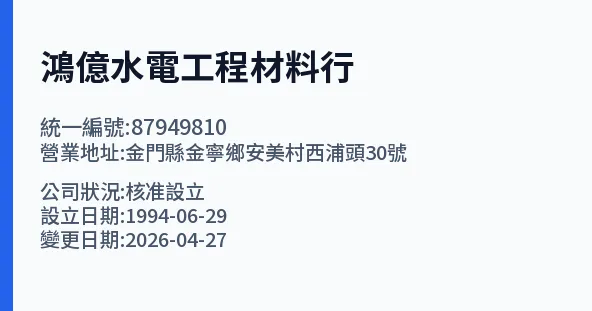 鴻億水電工程材料行的照片-統編 87949810(金門縣) 公司登記資料與營業項目詳細圖表