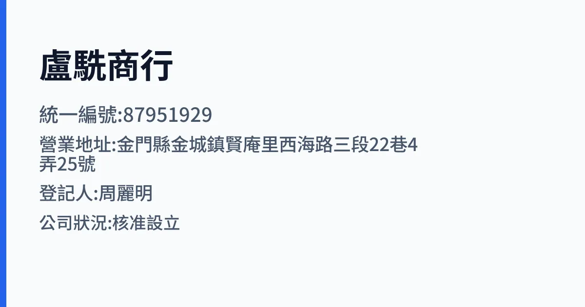 盧駪商行 - 統編 87951929(金門縣) 公司登記資料與營業項目詳細圖表