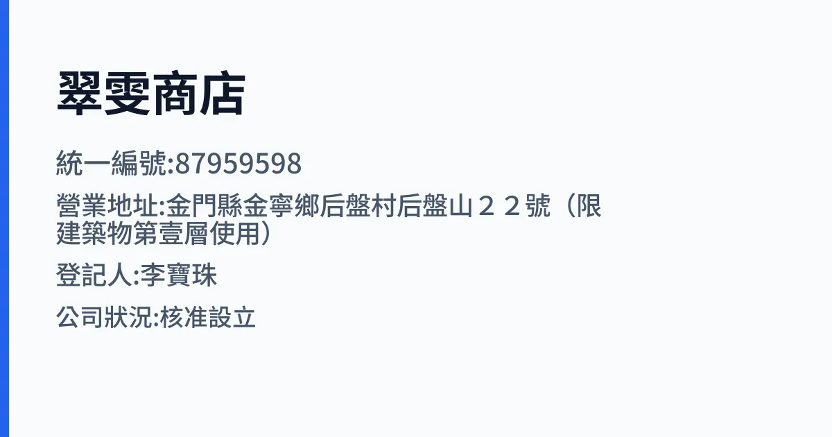 翠雯商店 - 統編 87959598(金門縣) 公司登記資料與營業項目詳細圖表