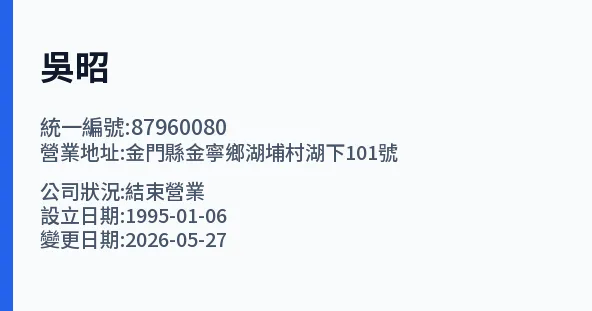 吳昭的照片-統編 87960080(金門縣) 公司登記資料與營業項目詳細圖表