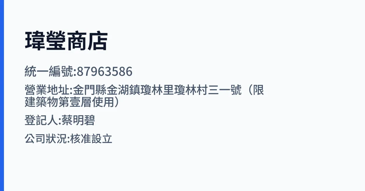 瑋瑩商店 - 統編 87963586(金門縣) 公司登記資料與營業項目詳細圖表
