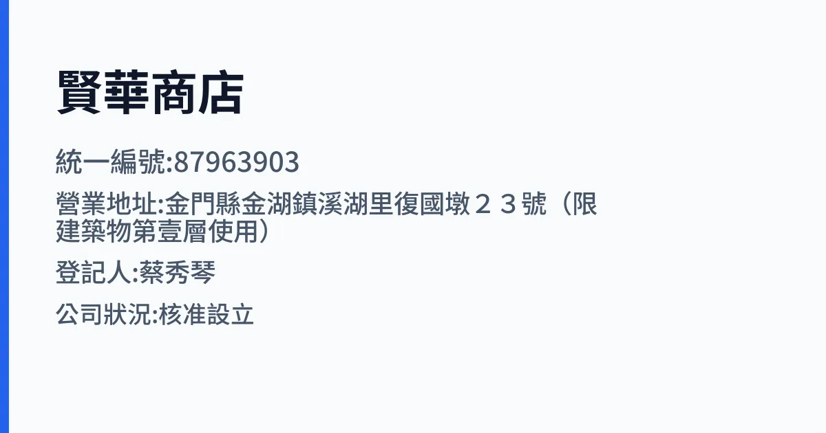 賢華商店 - 統編 87963903(金門縣) 公司登記資料與營業項目詳細圖表