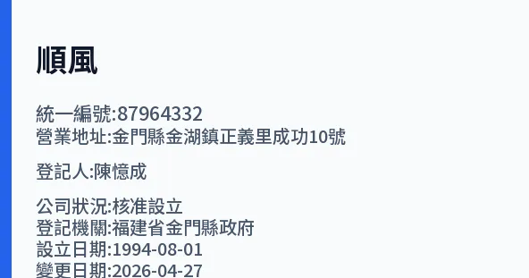 順風的照片-統編 87964332(金門縣) 公司登記資料與營業項目詳細圖表