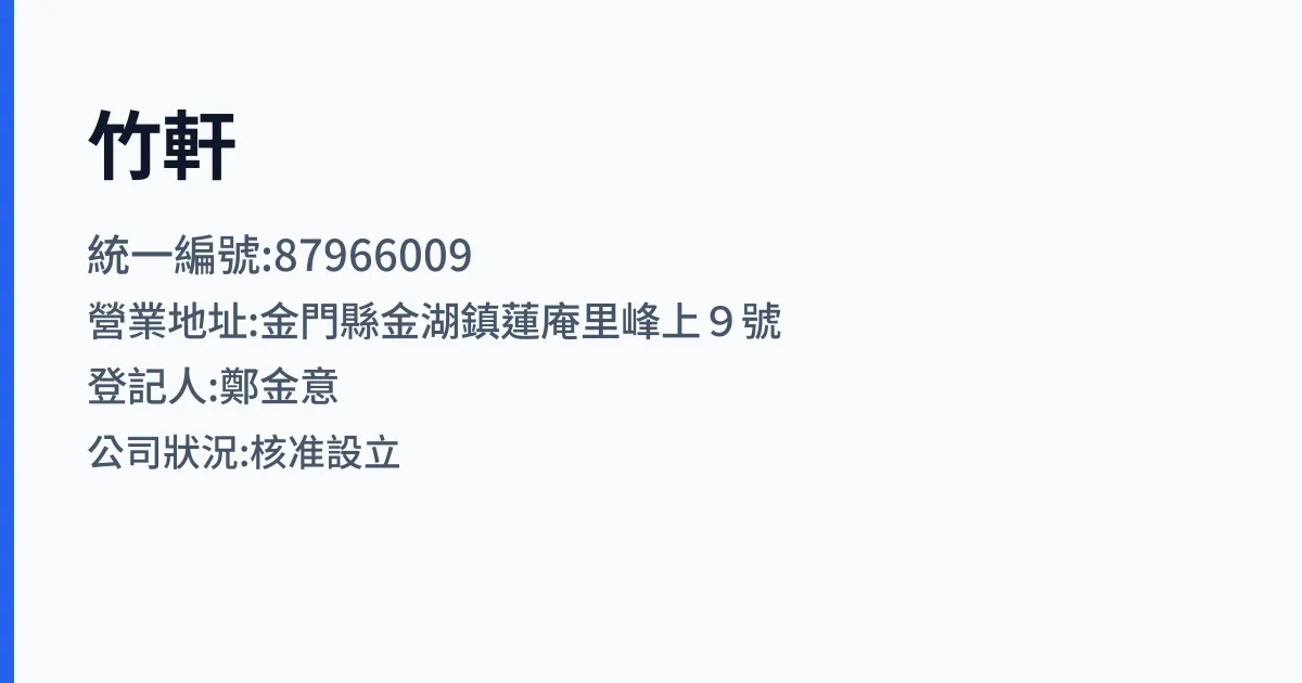 竹軒 - 統編 87966009(金門縣) 公司登記資料與營業項目詳細圖表