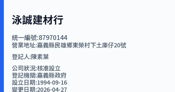 泳誠建材行的照片-統編 87970144(嘉義縣) 公司登記資料與營業項目詳細圖表