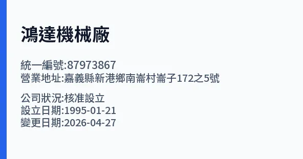 鴻達機械廠的照片-統編 87973867(嘉義縣) 公司登記資料與營業項目詳細圖表