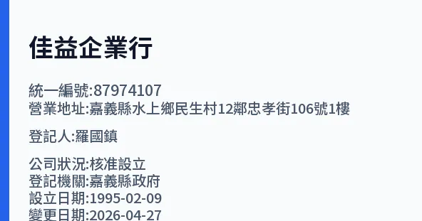 佳益企業行的照片-統編 87974107(嘉義縣) 公司登記資料與營業項目詳細圖表