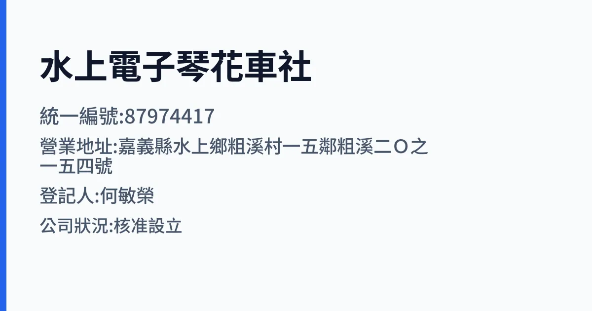 水上電子琴花車社 - 統編 87974417(嘉義縣) 公司登記資料與營業項目詳細圖表