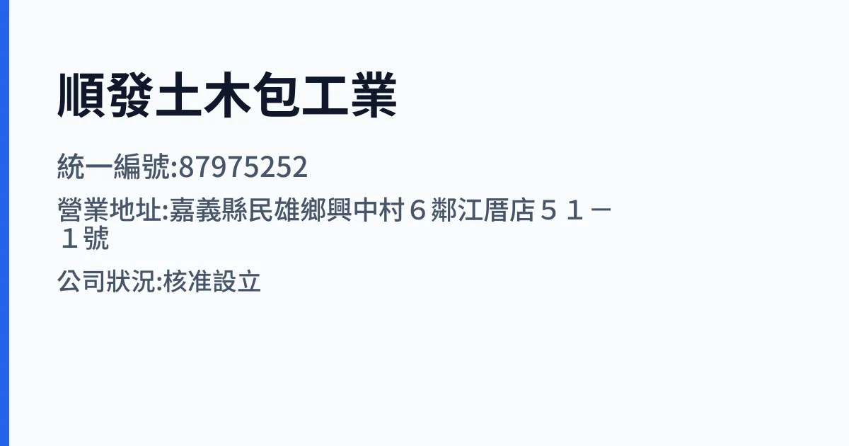 順發土木包工業 - 統編 87975252(嘉義縣) 公司登記資料與營業項目詳細圖表