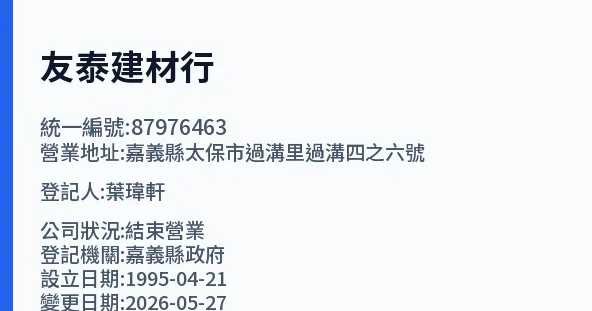 友泰建材行的照片-統編 87976463(嘉義縣) 公司登記資料與營業項目詳細圖表