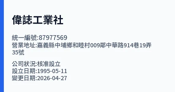 偉誌工業社的照片-統編 87977569(嘉義縣) 公司登記資料與營業項目詳細圖表