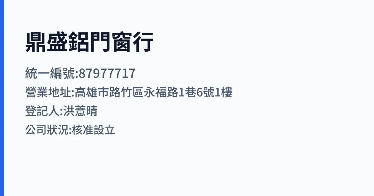 鼎盛鋁門窗行 - 統編 87977717(高雄市) 公司登記資料與營業項目詳細圖表