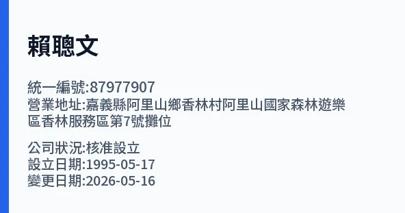 賴聰文的照片-統編 87977907(嘉義縣) 公司登記資料與營業項目詳細圖表