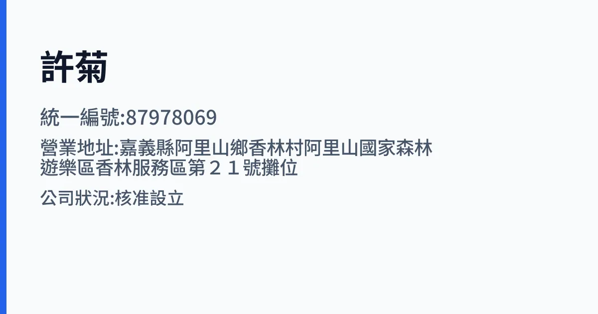 許菊 - 統編 87978069(嘉義縣) 公司登記資料與營業項目詳細圖表