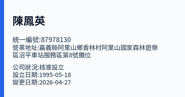 陳鳳英的照片-統編 87978130(嘉義縣) 公司登記資料與營業項目詳細圖表